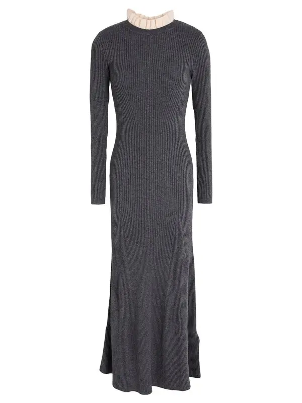 Sandro Ribbed-knit Midi Dress With Ruffled Trims - Dark Gray