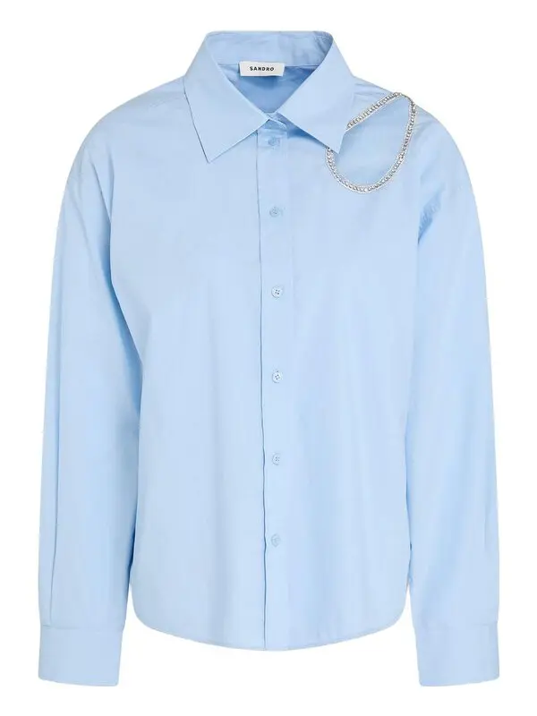 Sandro Crystal-embellished Cutout Cotton-poplin Shirt - Light Blue