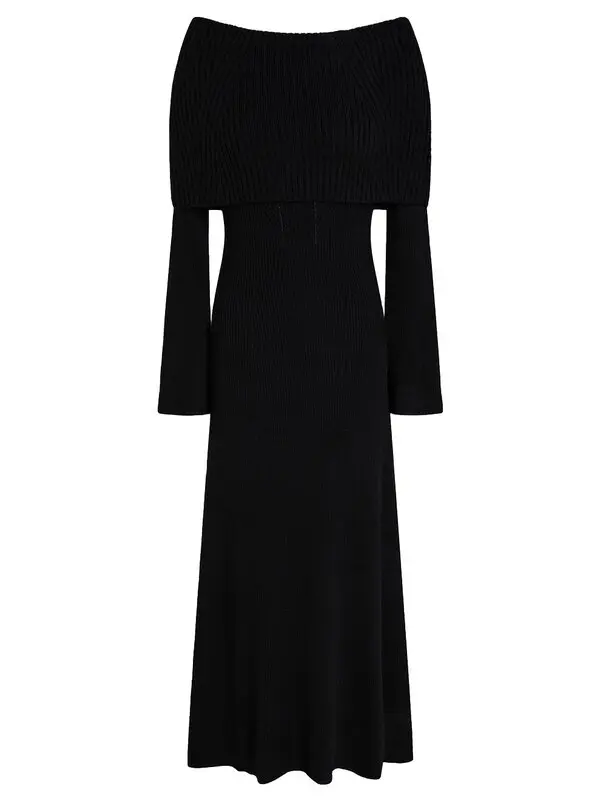 Maje Ribbed-knit Midi Dress With Pointelle Trims - Black
