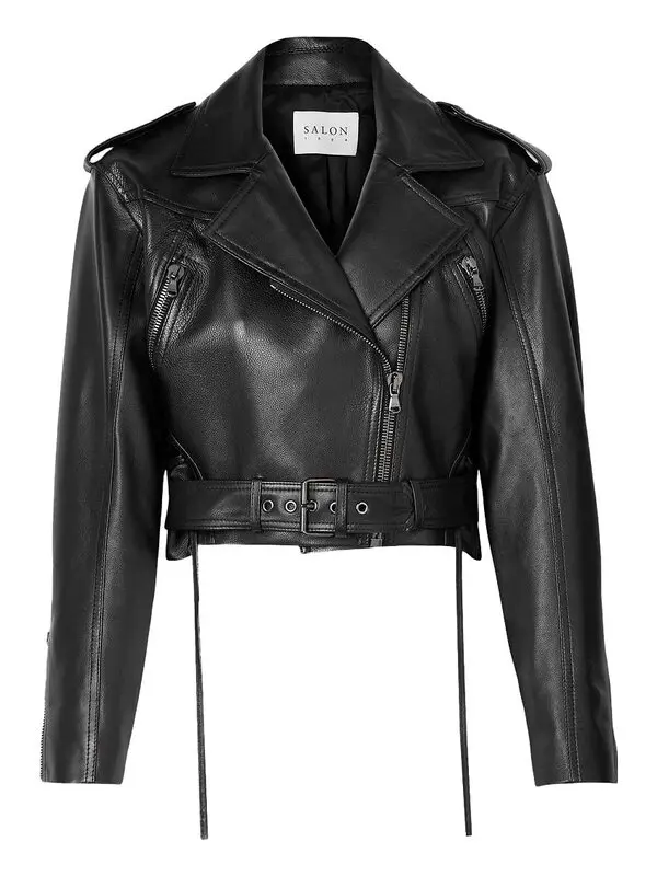 SALON 1884 Jane Cropped Leather Biker Jacket - Black