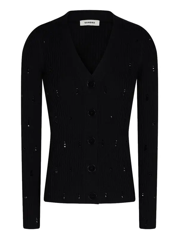 Sandro Embellished Ribbed-knit Cardigan - Black