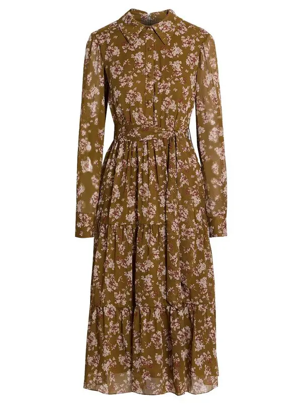 MIKAEL AGHAL Tiered Floral-print Georgette Midi Shirt Dress - Leaf Green