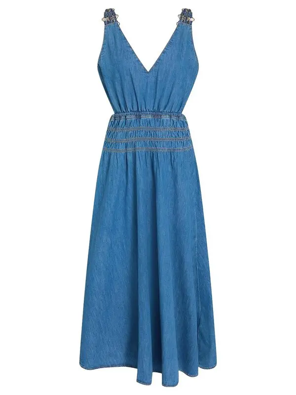 Maje Embellished Cutout Denim Midi Dress - Mid Denim