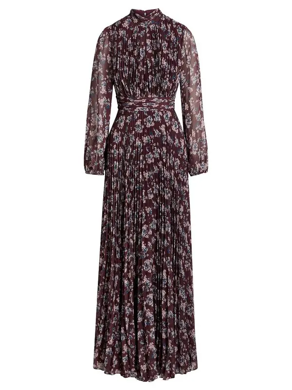 MIKAEL AGHAL Pleated Floral-print Georgette Maxi Dress - Merlot