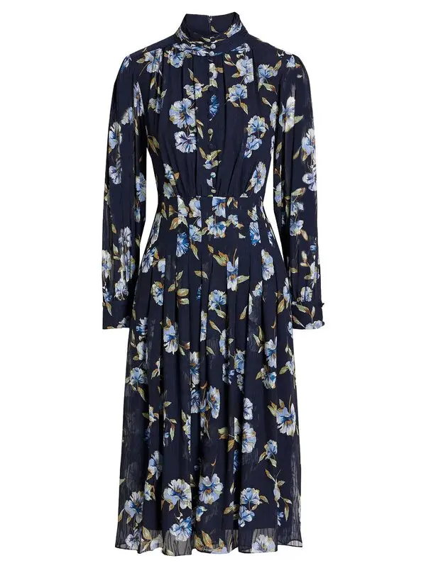MIKAEL AGHAL Pleated Floral-print Jacquard Midi Dress - Midnight Blue