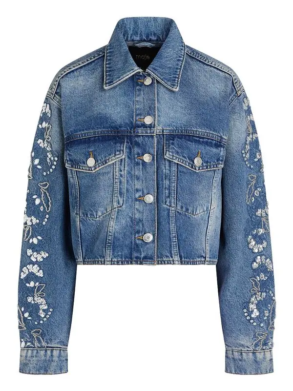 Maje Cropped Embellished Denim Jacket - Mid Denim