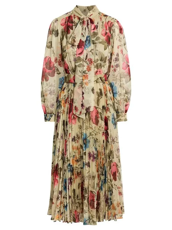 MIKAEL AGHAL Floral-print Georgette Midi Dress With Pussy-bow - Light Green