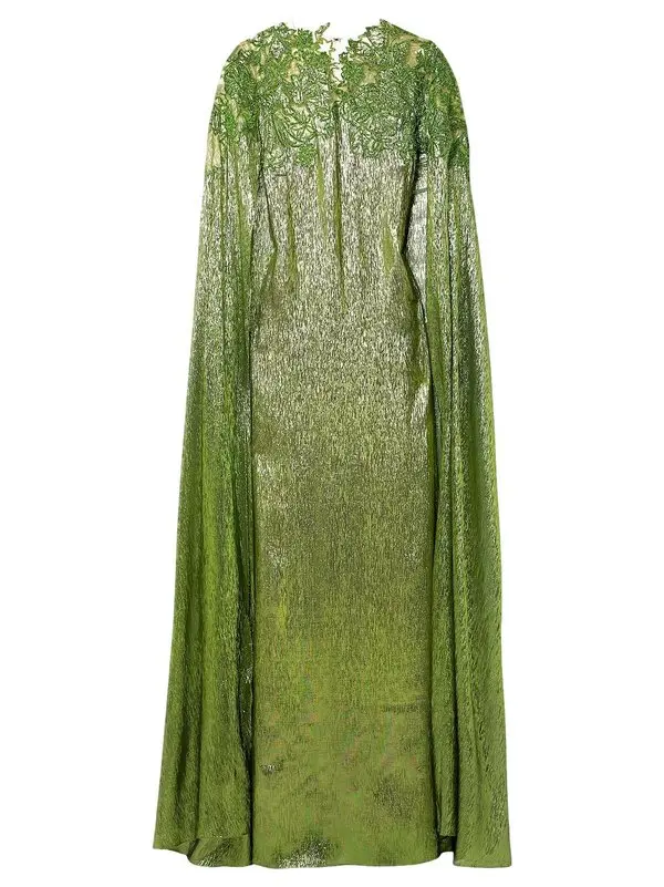 Oscar De La Renta Capeeffect Embellished Silkblend Lamé Gown - Leaf Green