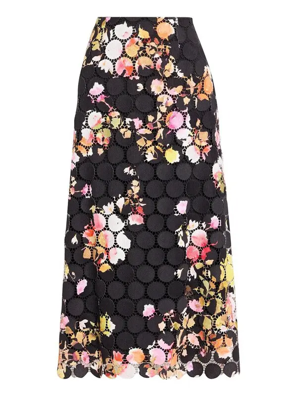 Monique Lhuillier Printed Guipure Lace Midi Skirt - Black