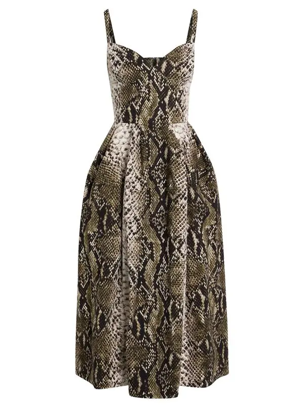 Oscar De La Renta Snake-print Cotton-blend Poplin Midi Dress - Forest Green