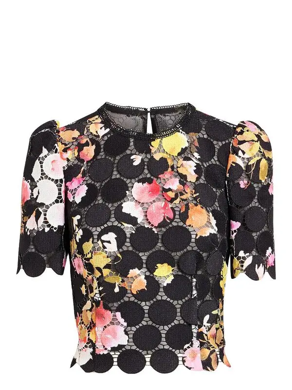 Monique Lhuillier Printed Guipure Lace Top - Black
