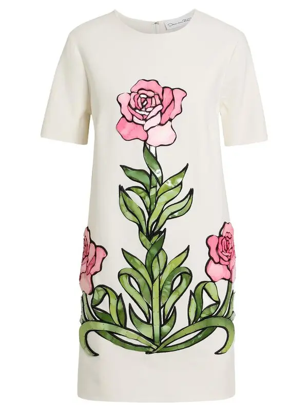 Oscar De La Renta Floral-appliquéd Wool-blend Mini Dress - Ivory