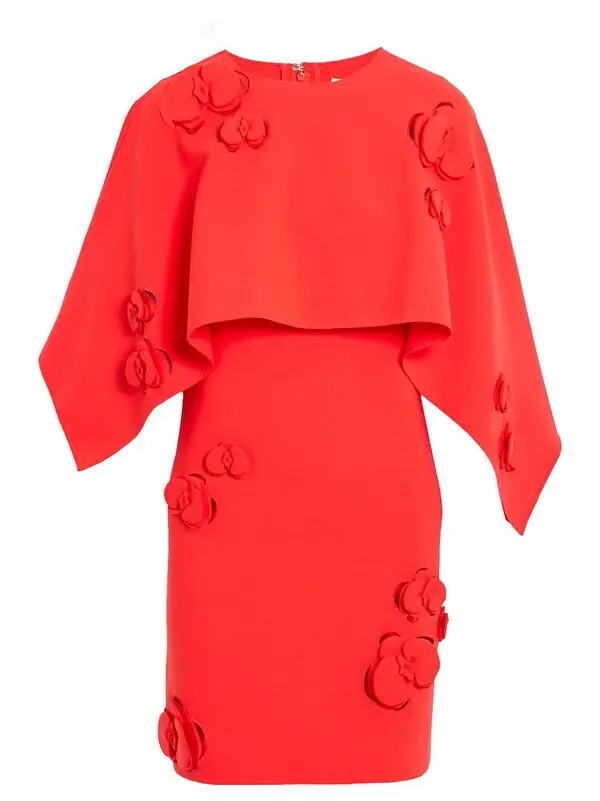 Oscar De La Renta Cape-effect Floral-appliquéd Wool-blend Mini Dress - Tomato Red