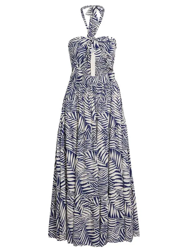 LEMLEM Tiered Cutout Printed Halterneck Maxi Dress - Royal Blue
