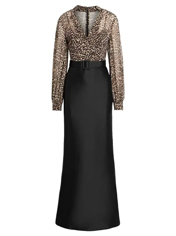 Badgley Mischka Leopard-print Chiffon And Satin-twill Gown - Black