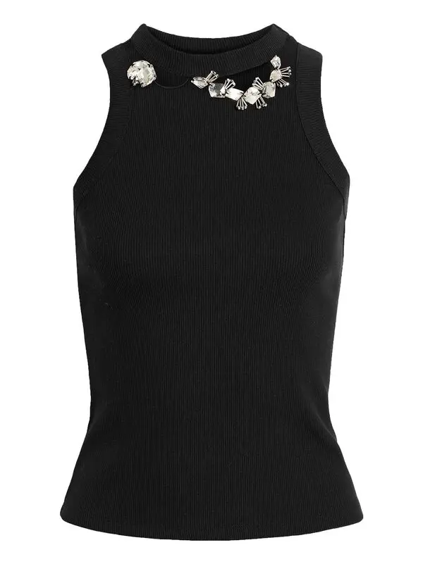 AREA Crystal-embellished Distressed Ribbed Tank - Black
