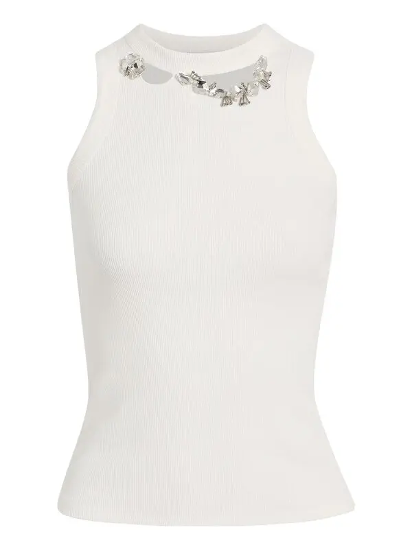 AREA Crystal-embellished Distressed Ribbed Tank - Off-white