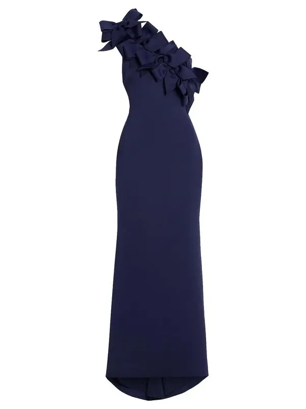 Badgley Mischka One-shoulder Bow-detailed Ponte Gown - Navy