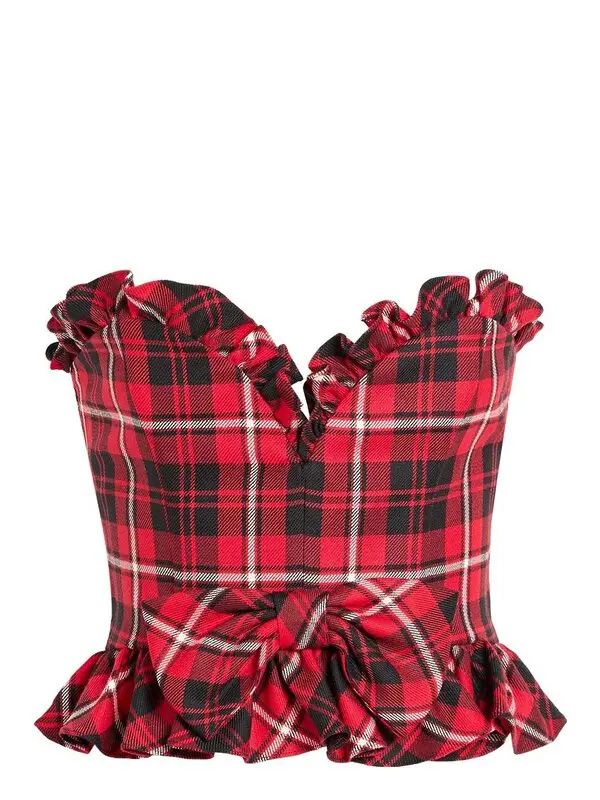 Alessandra Rich Strapless Ruffled Checked Wool Top - Red