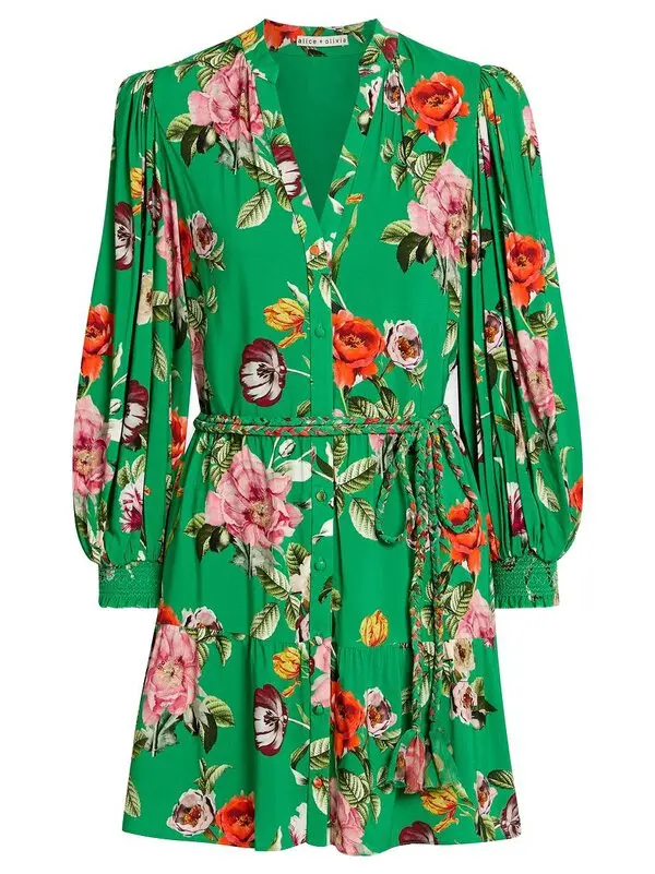 Alice + Olivia Floral-print Crepe De Chine Mini Dress - Green