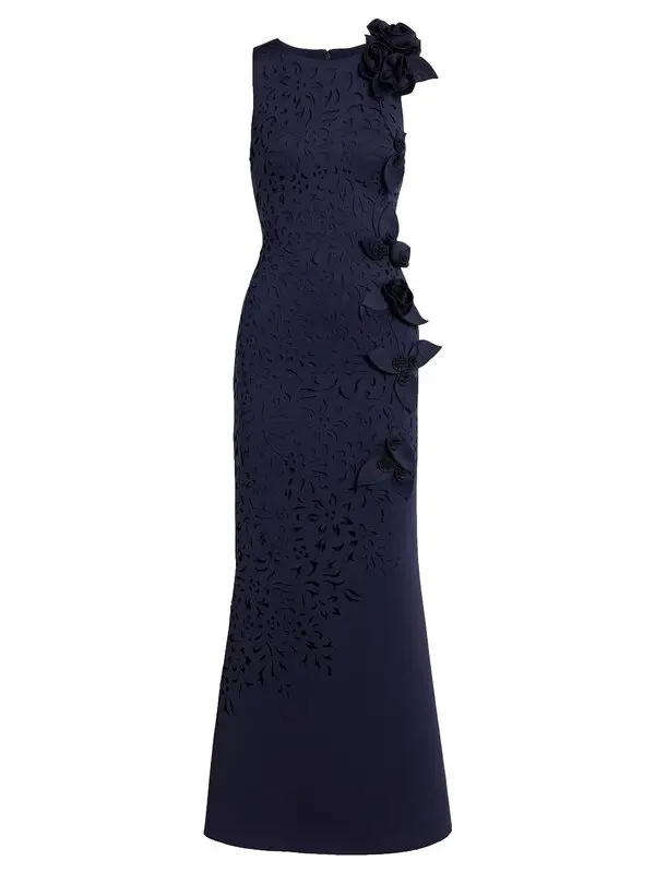 Badgley Mischka Appliquéd Lasercut Scuba Gown - Navy