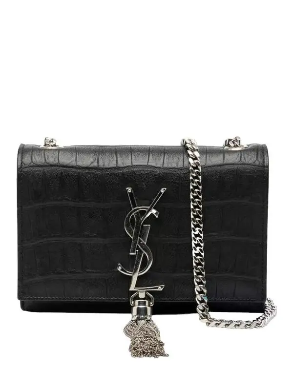 Saint Laurent 2005 Small Croc Embossed Leather Monogram Kate Tassel Crossbody Bag - Black