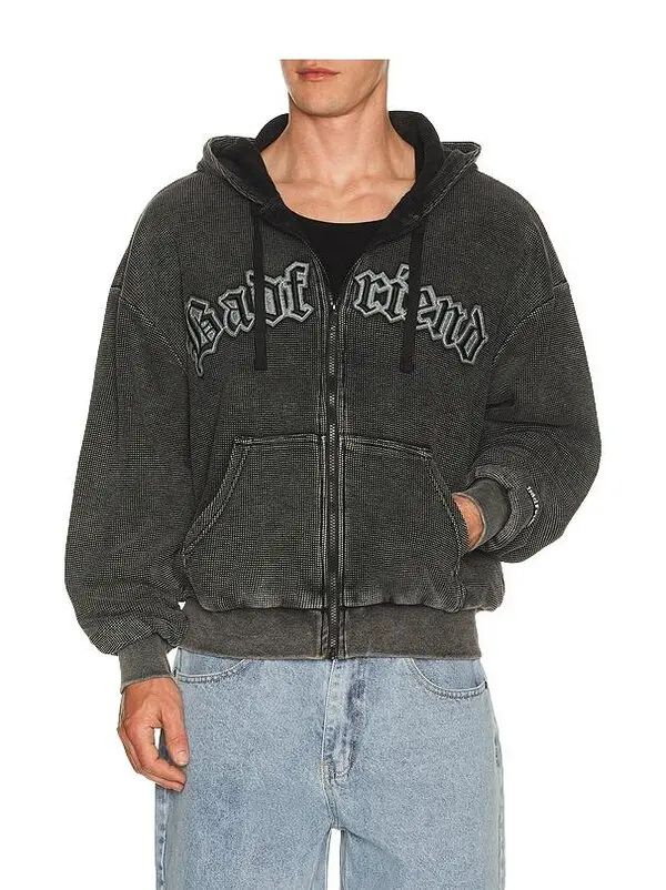BADFRIEND Waffle Knit Full Zip Hoodie - Off Black