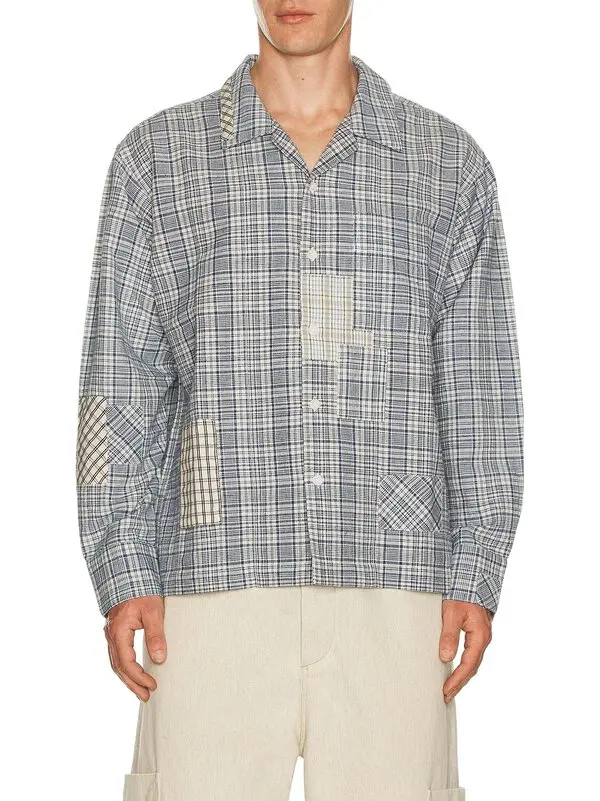 STORY MFG. Patchwork Greetings Shirt In Blue - Indigo Check Picnic