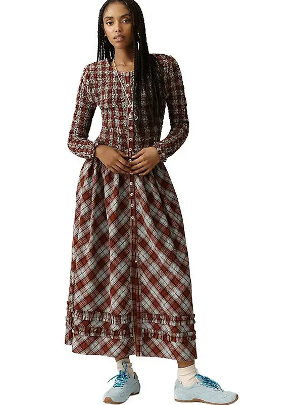 DAMSON MADDER Posey Smocked Long-sleeve Organic Cotton Midi Dress - Blue Fog Multi Check