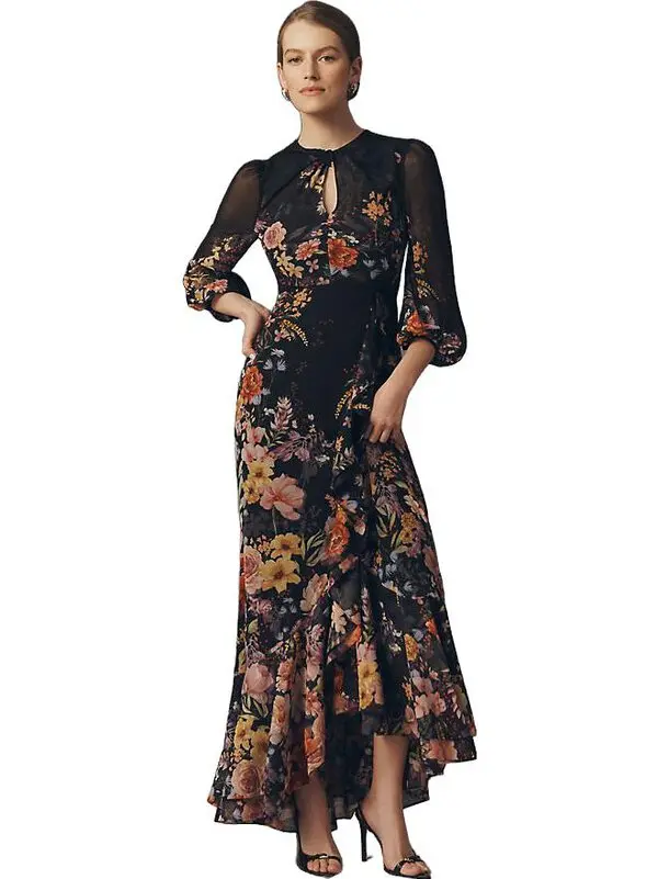 Mestiza New York Ophelia Draped Floral Print Chiffon Gown - Black Floral