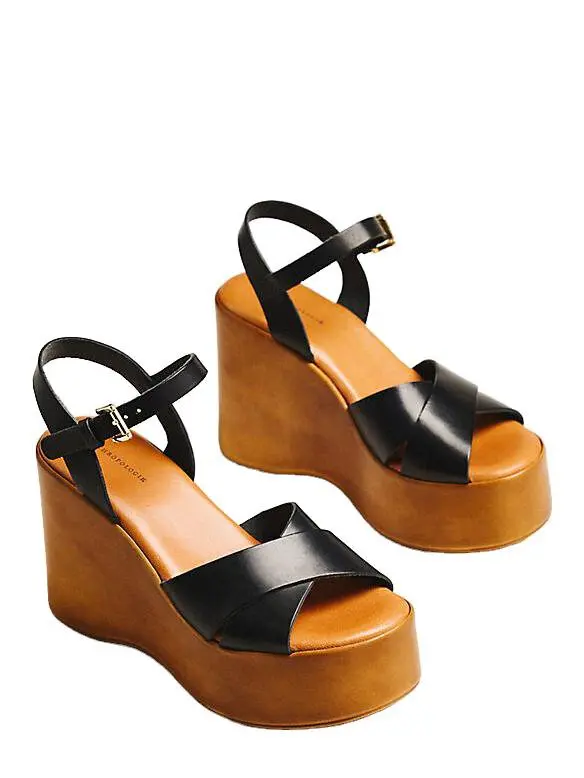 Anthropologie Wood-bottom Platform Wedge Heels - Black Leather
