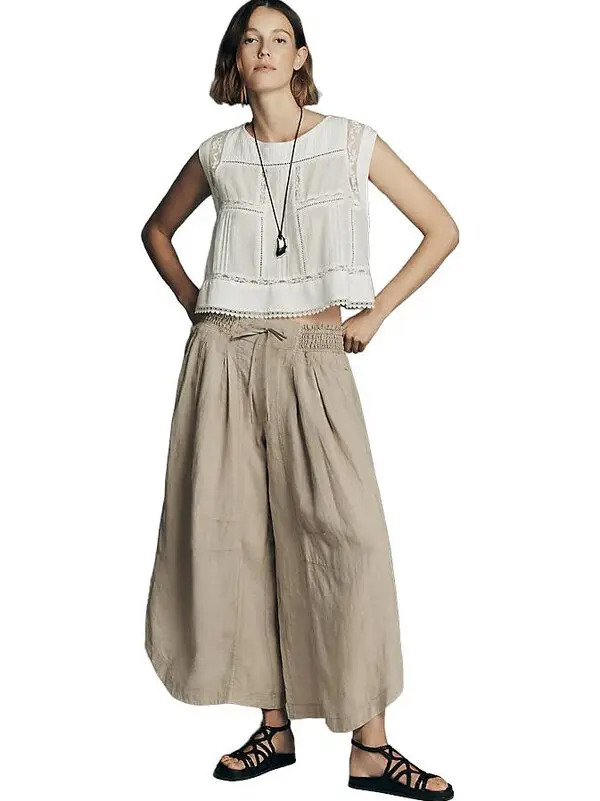 Anthropologie Ruched Linen Parachute Pants - Grey Putty