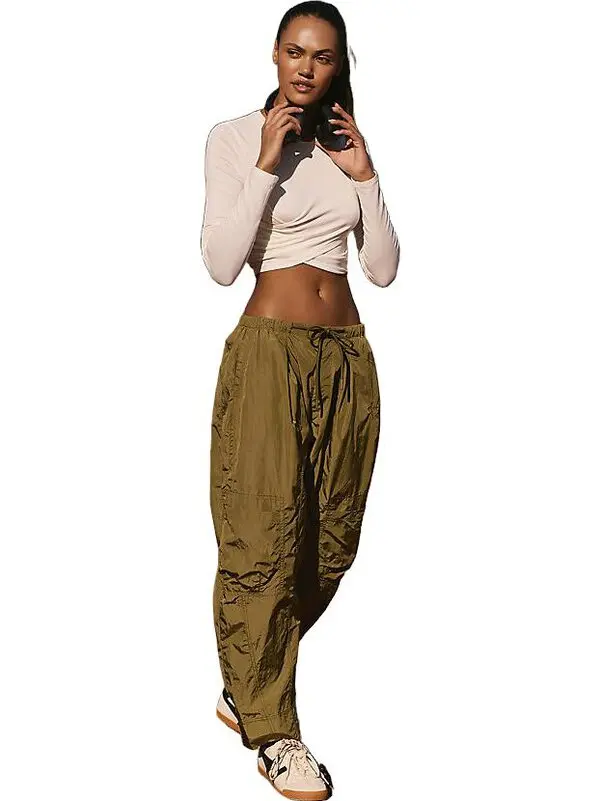 DAILY PRACTICE BY ANTHROPOLOGIE Tapered Drawstring Parachute Pants - Toasted Olive