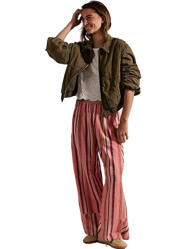 Free People Day's End Cotton-linen Striped Pants - Soft Coral Combo