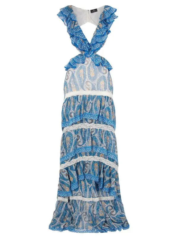 Etro Asymmetric Ruffled Tiered Lace-trimmed Paisley-print Silk-chiffon Maxi Dress - Blue