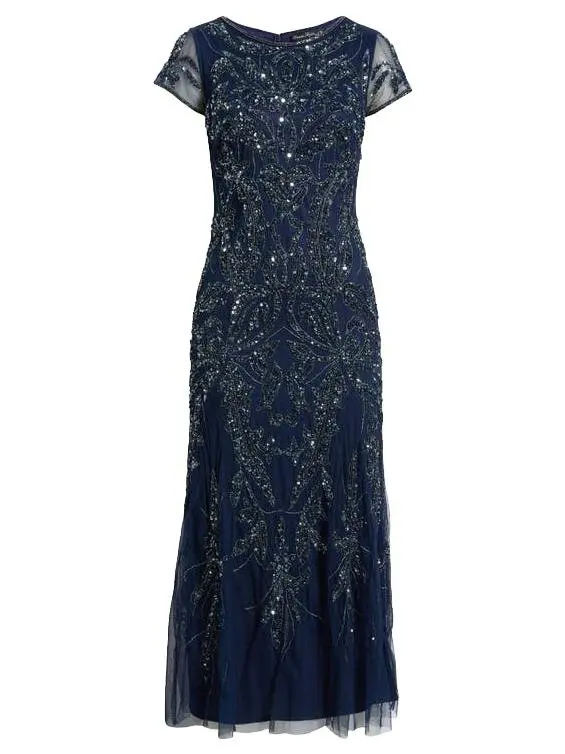 Pisarro Nights Beaded Mesh Midi Cocktail Dress - Navy
