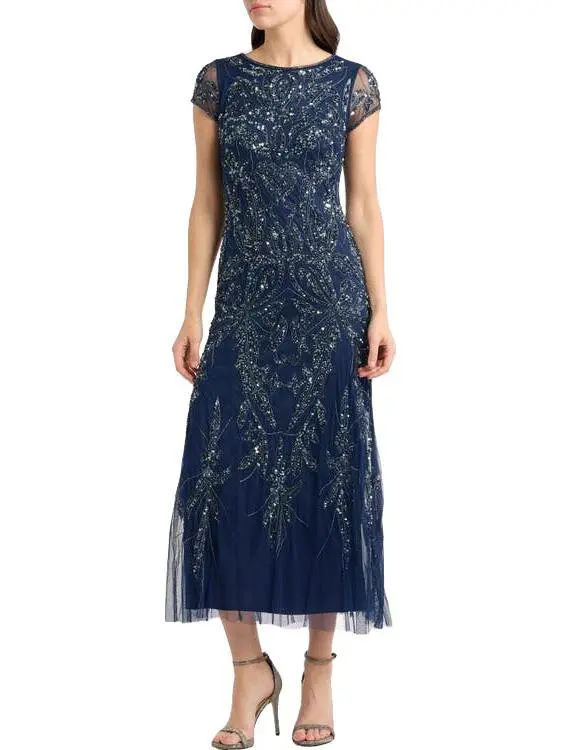 Pisarro Nights Beaded Mesh Midi Cocktail Dress - Navy