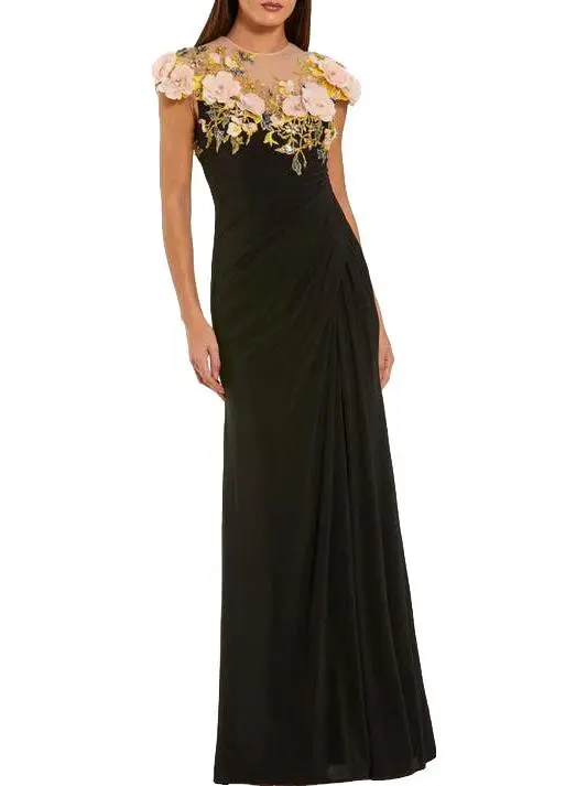 Mac Duggal Jersey Column Gown With Floral Embellishments - Black Multi