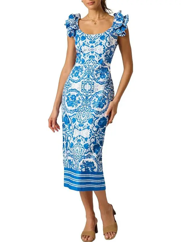 Adrianna Papell Floral Print Column Midi Dress - Blue/white