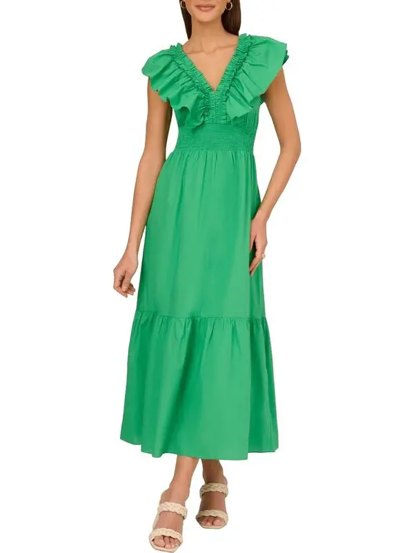 Adrianna Papell Ruffle Smocked Waist Maxi Dress - Green