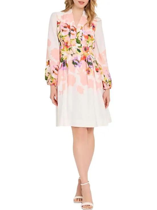 TAHARI ASL Belted Printed Long Sleeve Dress - Ivory Blush