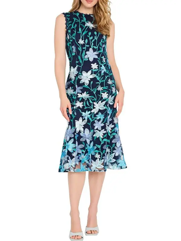 TAHARI ASL Floral Embroidered Sleeveless Midi Dress - Navy Lagoon