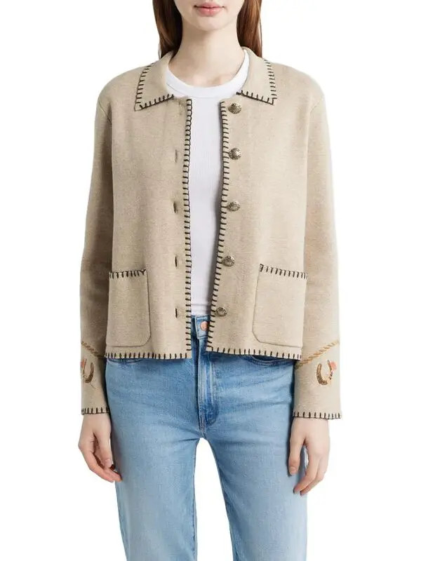 Pendleton Souvenir Blanket Stitch Cotton & Merino Wool Cardigan - Natural