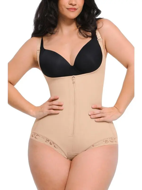 SHAPELLX Airslim® Zipper Front Open Bust Brief Bodysuit - Pinkish Beige