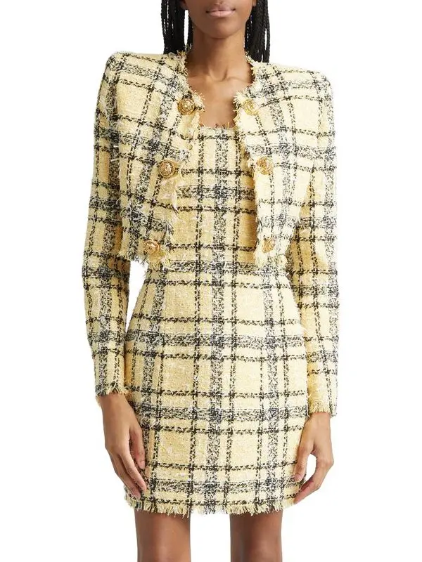Balmain Glitter Plaid Tweed Crop Jacket - Multi Yellow
