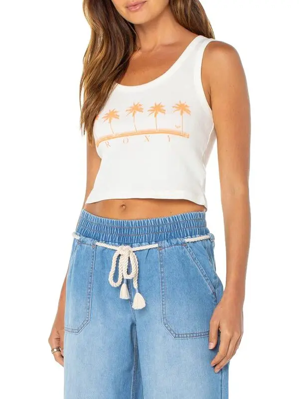 Roxy Five Palms Crop Cotton Graphic Tank - Cloud Dancer