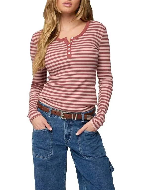 EDIKTED Striped Ribbed Henley Top - Pink