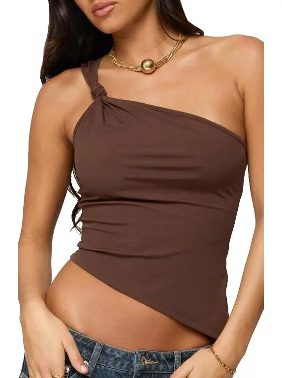 EDIKTED Knotted One-shoulder Tank - Dark-brown