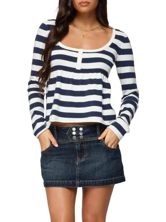 EDIKTED Lockie Stripe Knit Babydoll Top - Navy