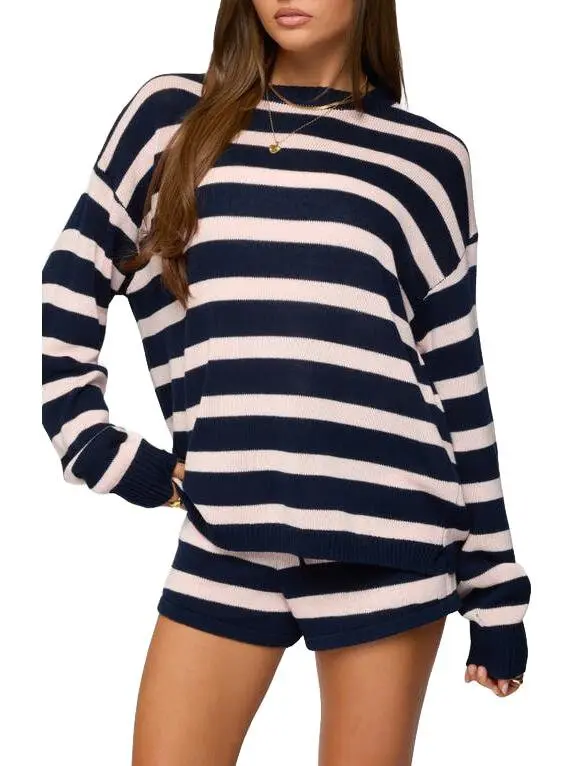 EDIKTED Oversized Striped Cotton Sweatshirt - Navy-and-pink
